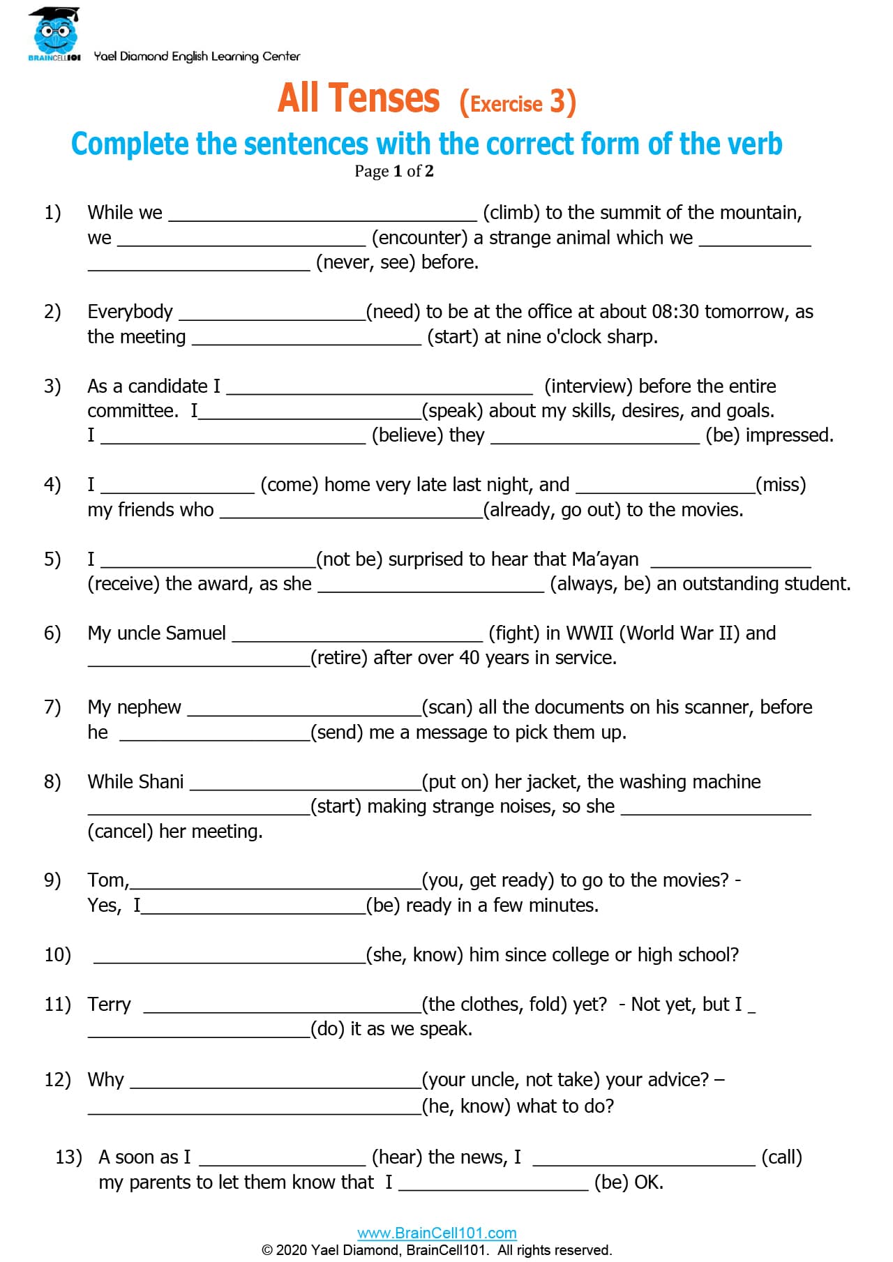 All Tenses Verb Completion Exercise 3 - braincell101