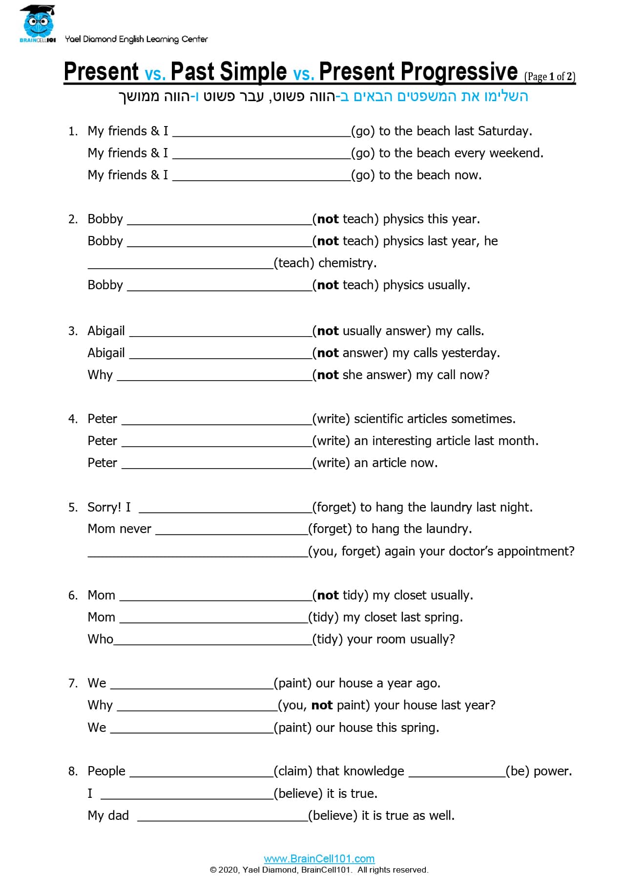 Present Simple vs. Present Progressive vs. Past - Exc. 1 - braincell101